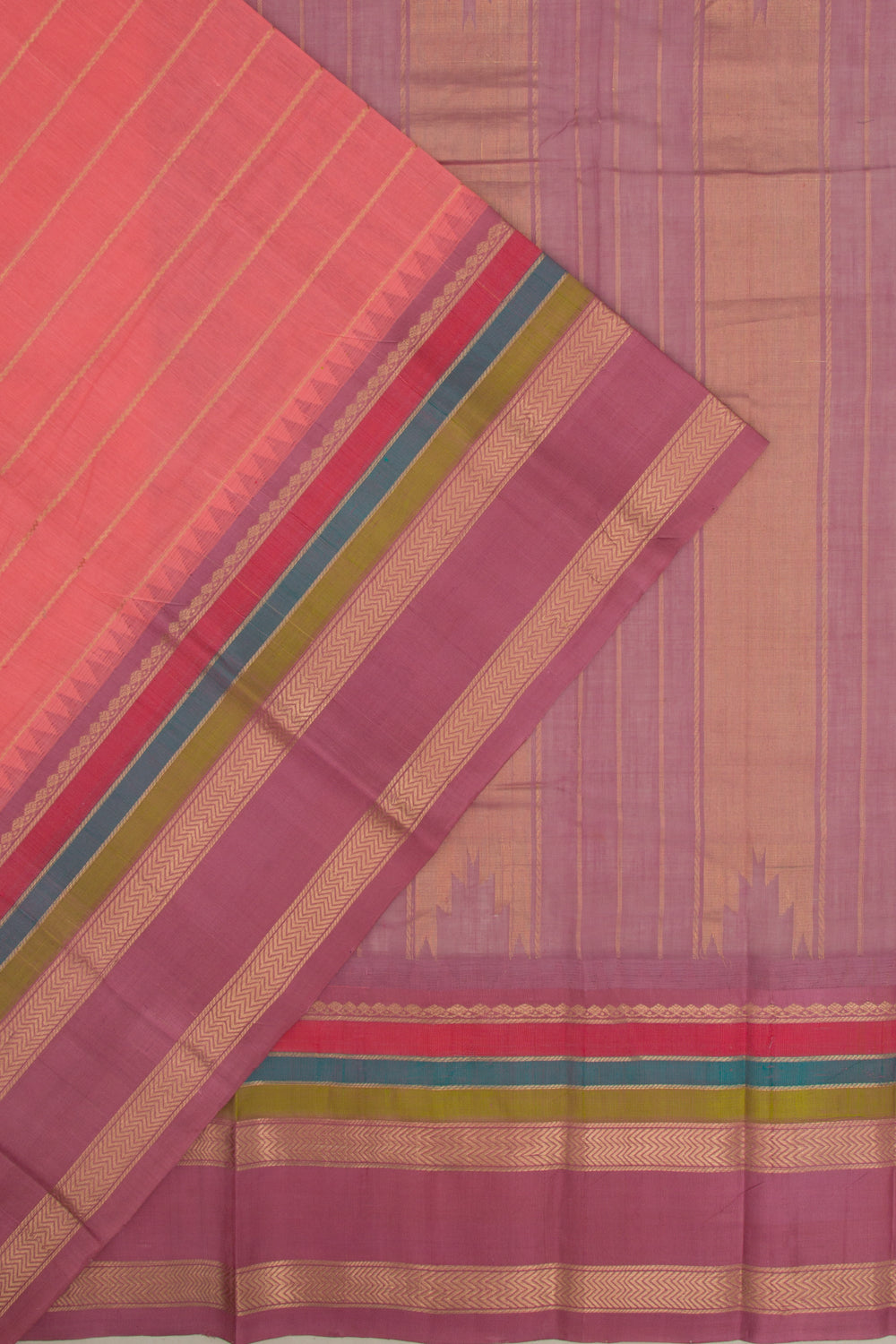 Chettinad Cotton Horizontal Lines Pastel Pink Saree | Kankatala