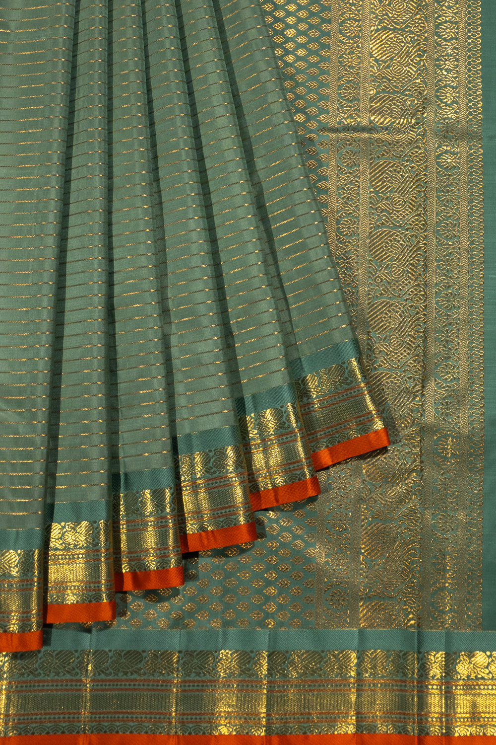 Kanchipuram Silk Horizontal Lines Sage Green Saree | Kankatala