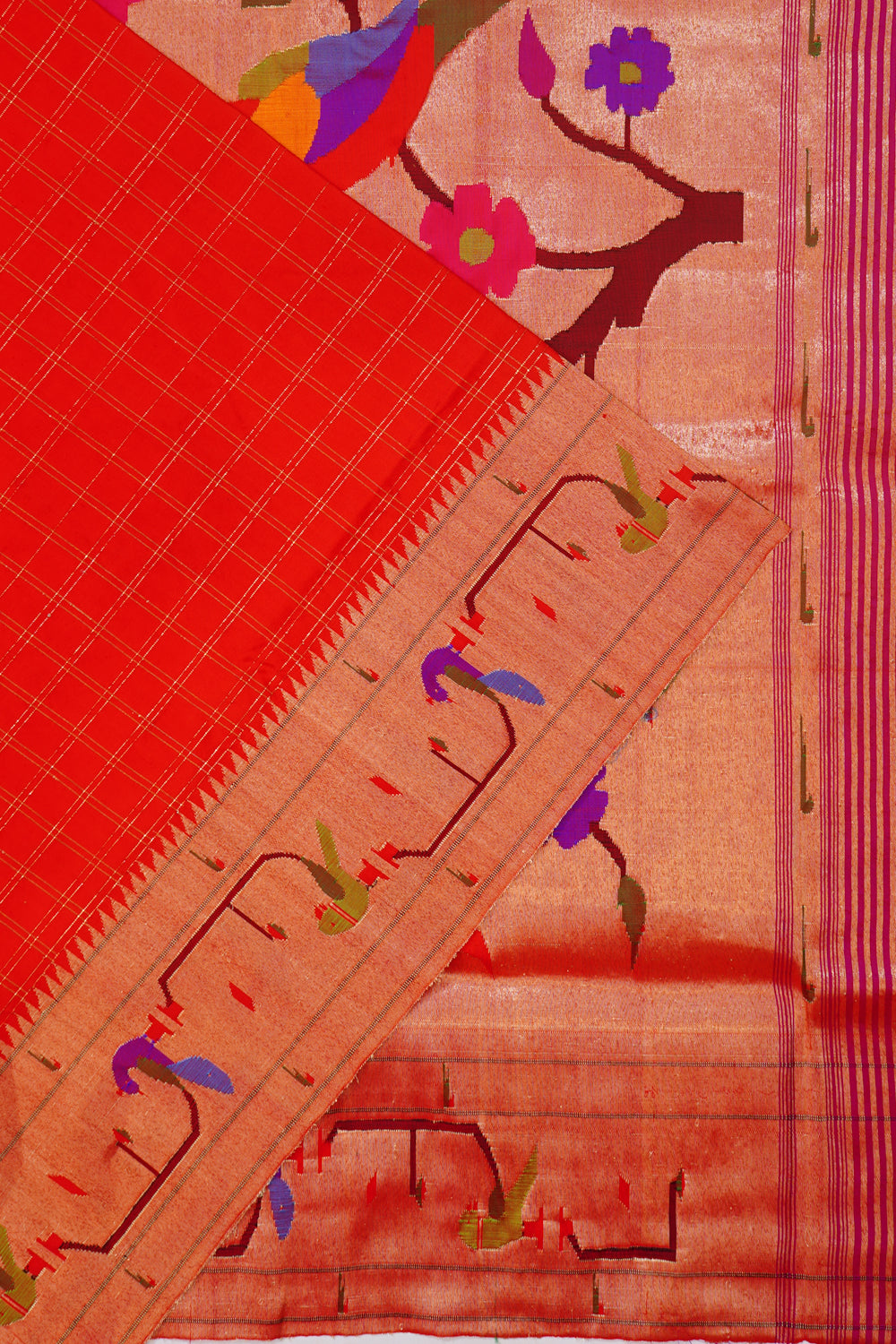 Paithani Silk Checks Red Saree With Akruti Border 

