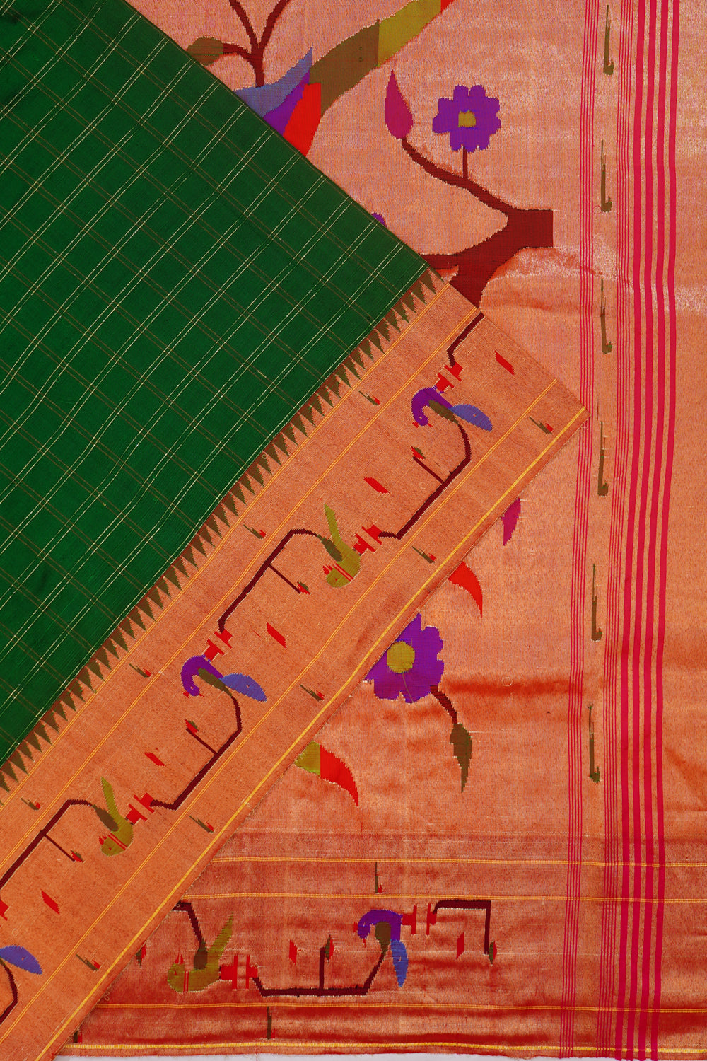 Paithani Silk Checks Green Saree With Akruti Border