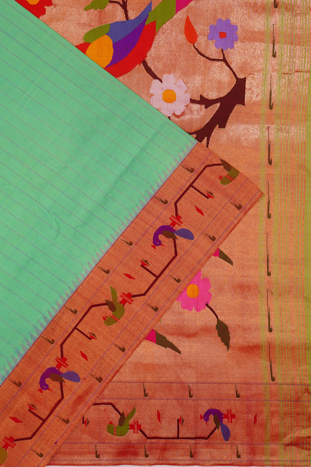 Paithani Silk Checks Sea Green Saree With Akruti