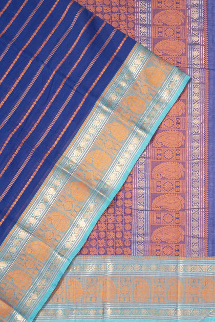 Chettinad Cotton Horizontal Lines Blue Saree | Kankatala