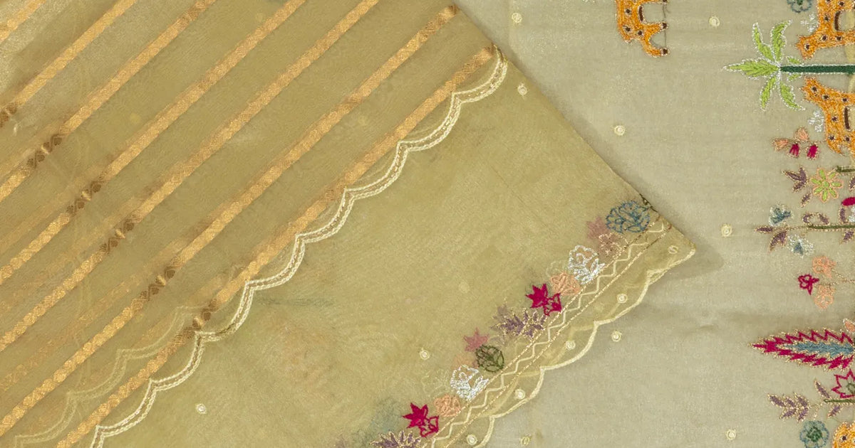 Organza Tissue Horizontal Lines Pastel Yellow Saree With
