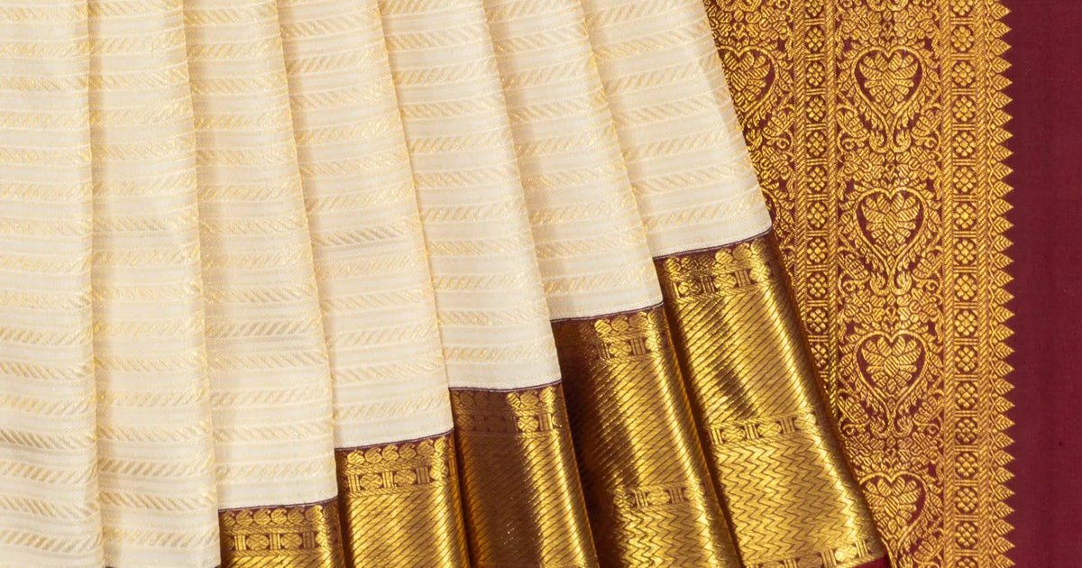Kanchipuram Silk Horizontal Lines White Saree | Kankatala