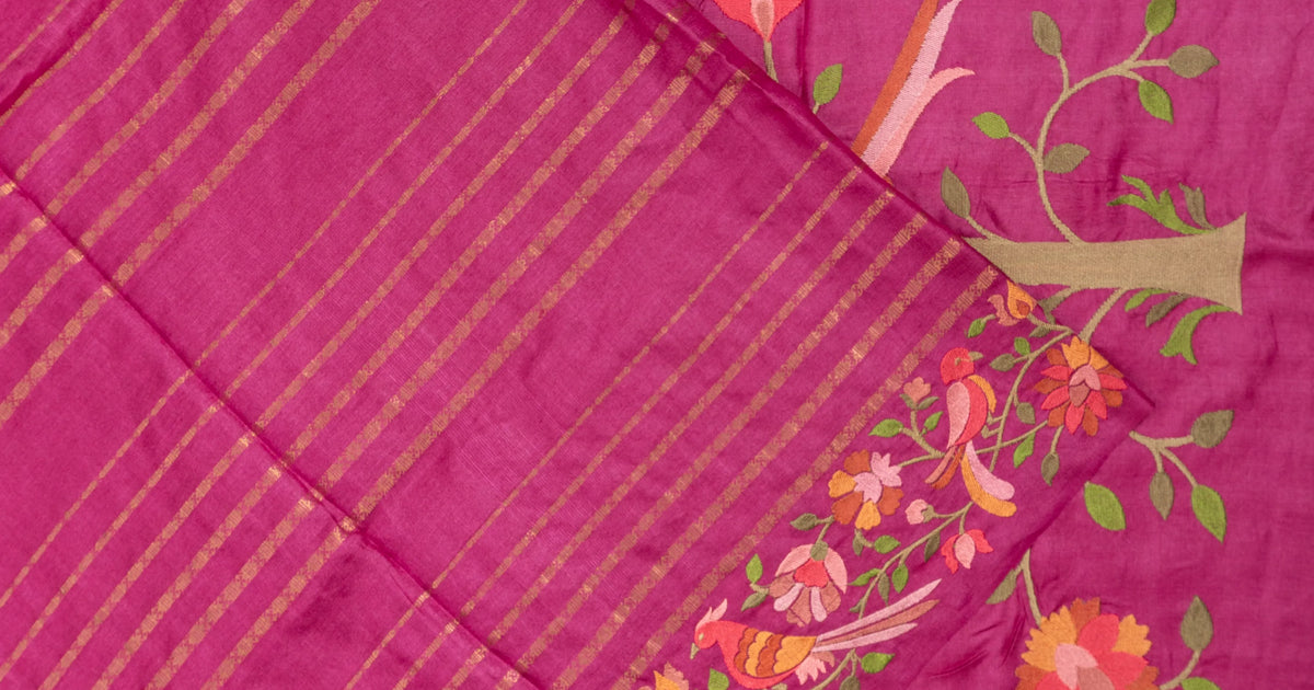Tussar Horizontal Lines Rani Pink Saree With Embroidery