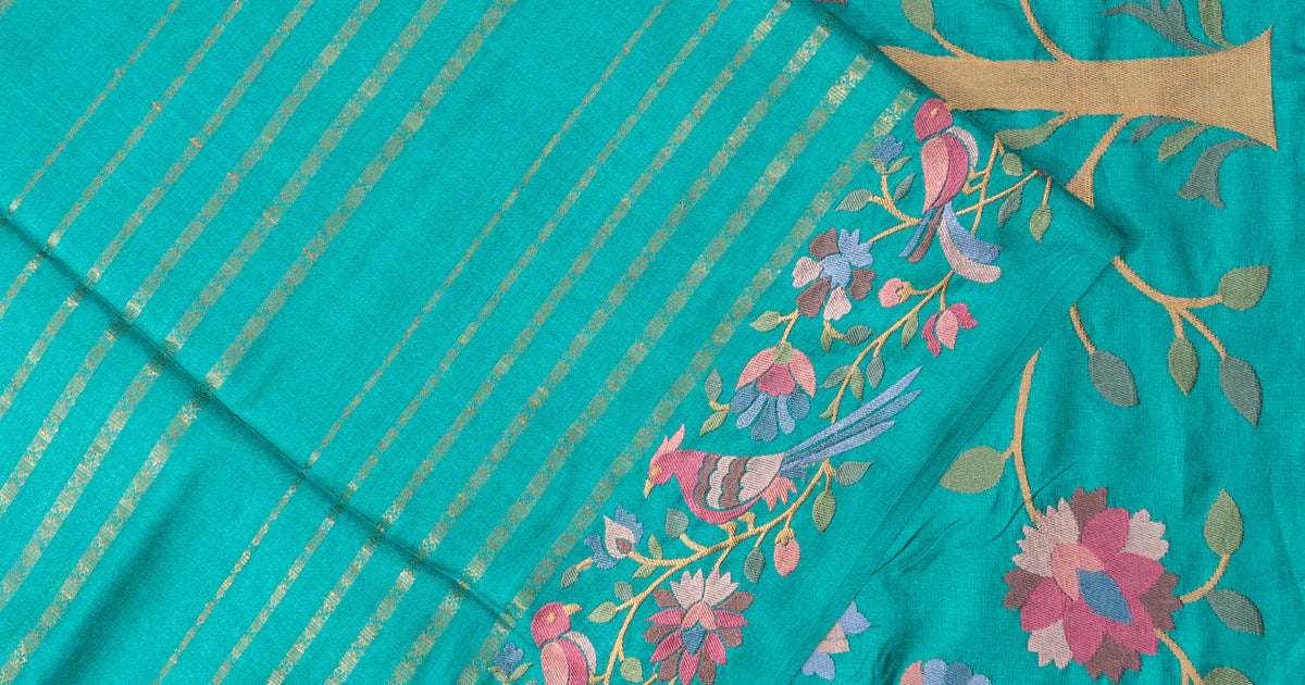 Tussar Horizontal Lines Sky Blue Saree With Embroidery