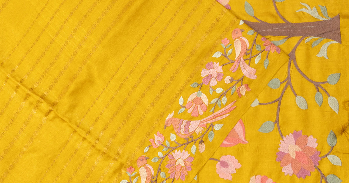 Tussar Horizontal Lines Yellow Saree With Embroidery Border