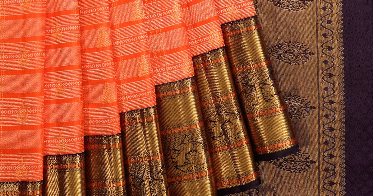 Kanchipuram Silk Horizontal Lines Orange Saree | Kankatala