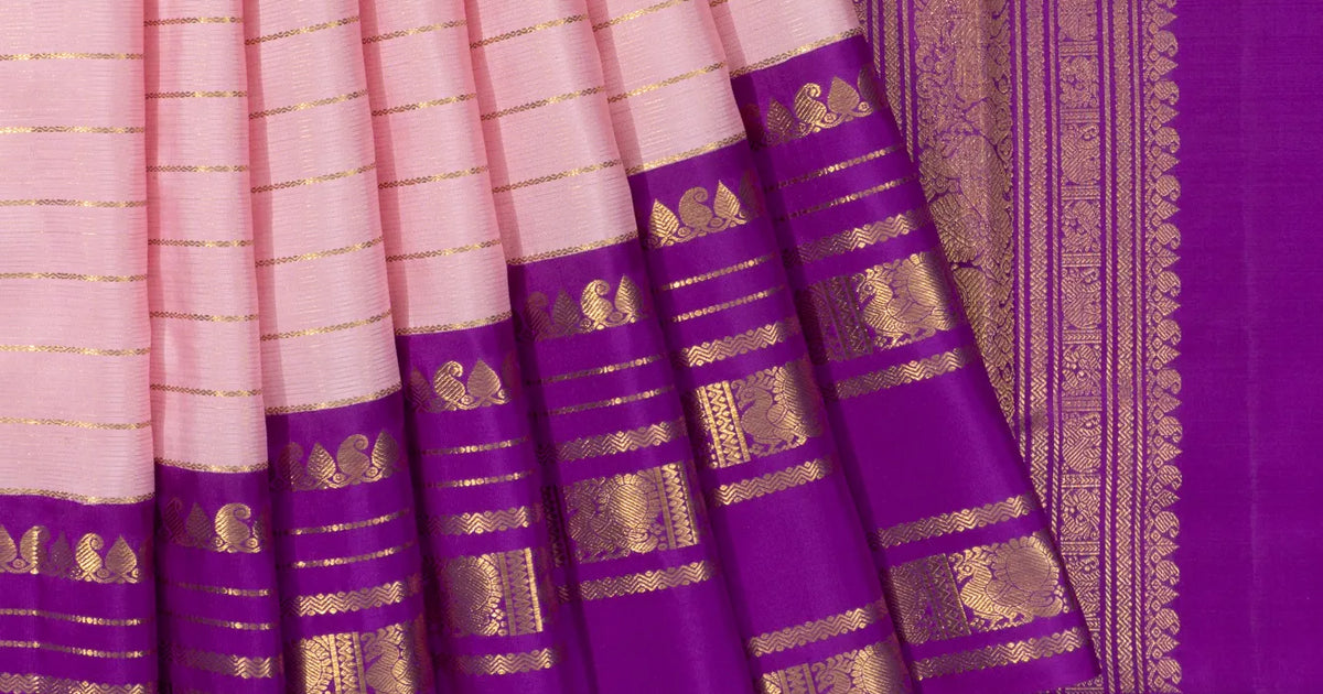 Classic Kanchipuram Silk Horizontal Lines Baby Pink Saree