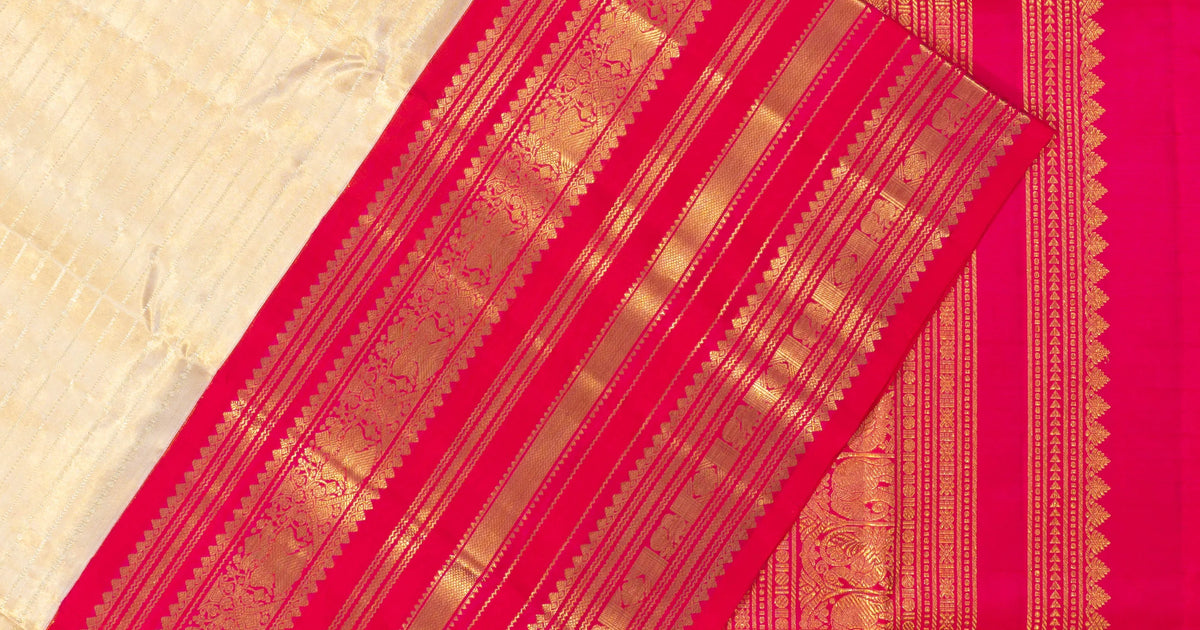 Kanchipuram Silk Tissue Horizontal Lines Off White Saree