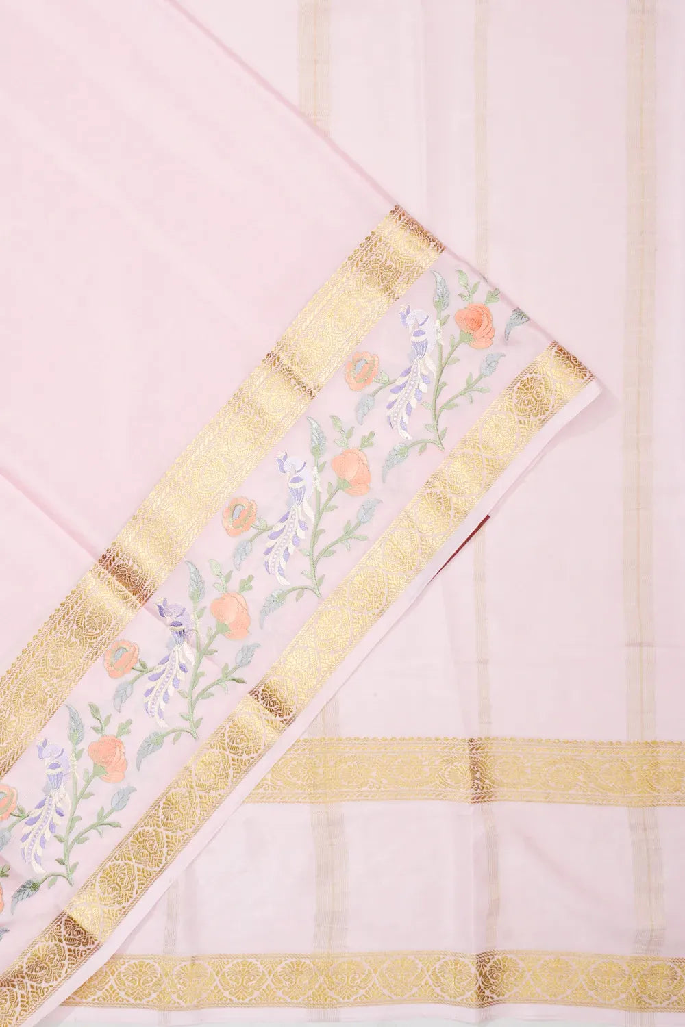 Mysore Silk Plain Baby Pink Saree With Embroidery 
