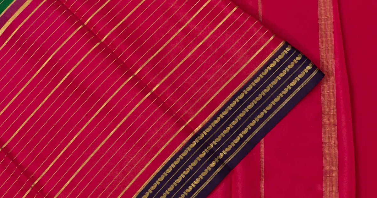 Mysore Silk Horizontal Lines Pink And Green Saree 
