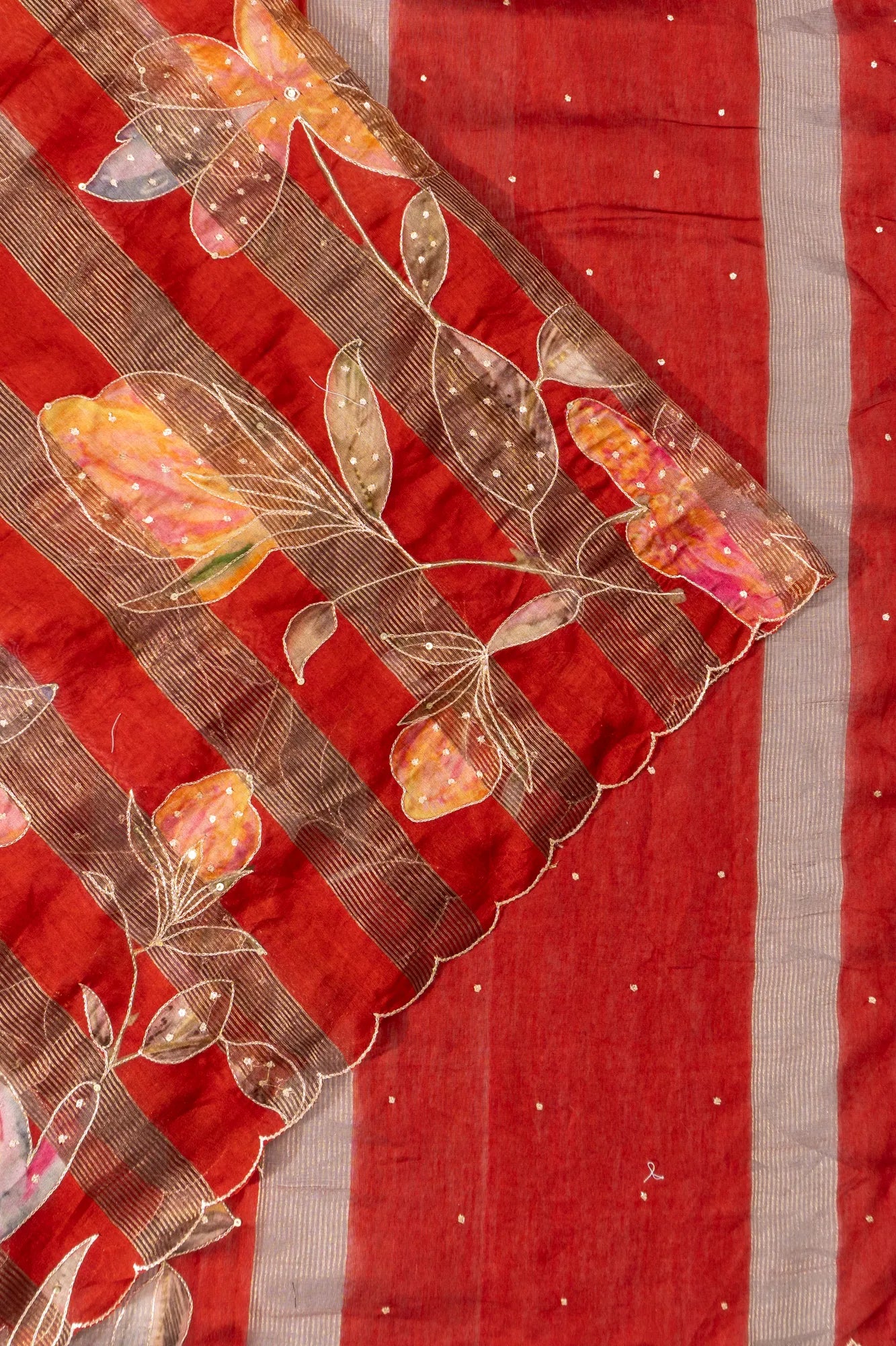 Organza Lines And Printed Red Saree With Scallop