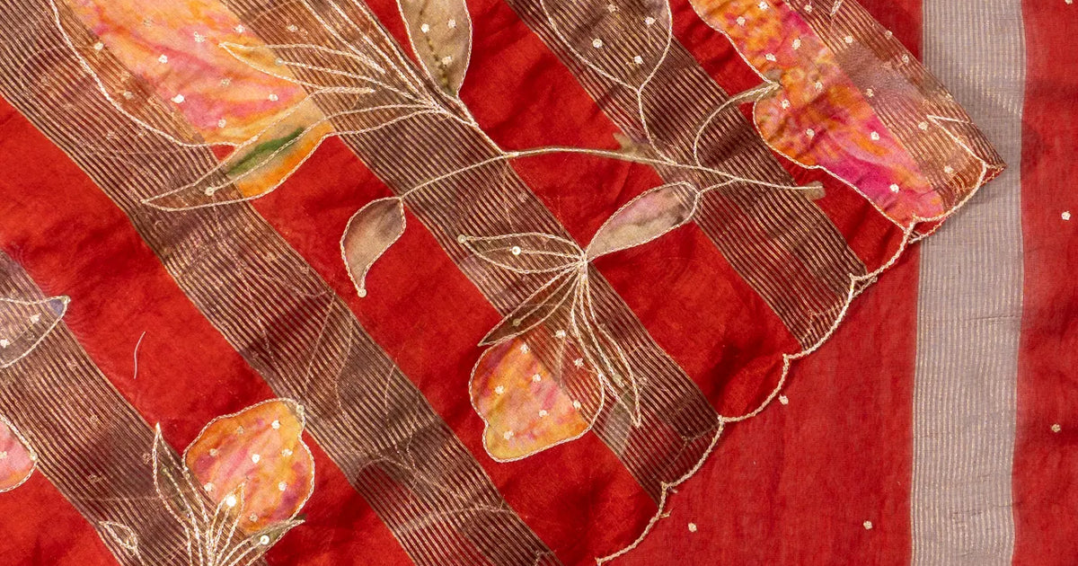 Organza Lines And Printed Red Saree With Scallop