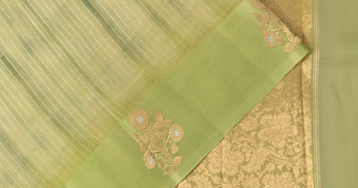 Banarasi Kora Organza Vertical Lines Pastel Green Saree