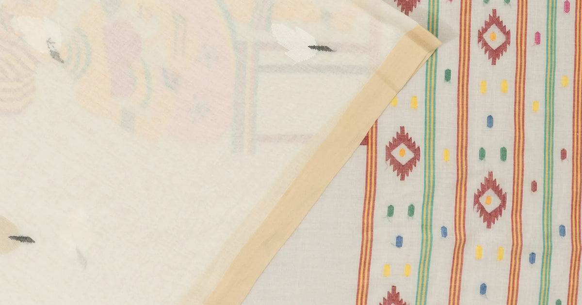 Phulia Cotton Butta Cream Saree With Jamdani Pallu 
