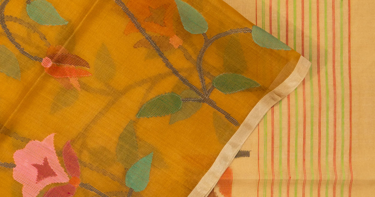 Phulia Cotton Jamdani Jaal Mustard Yellow Saree | Kankatala