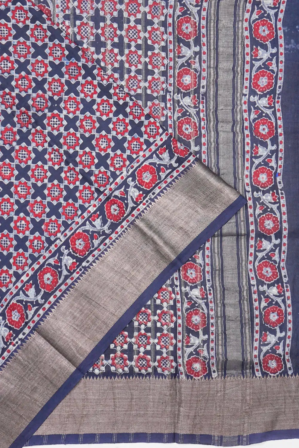 Mangalagiri Cotton Silk Floral Block Printed Navy Blue