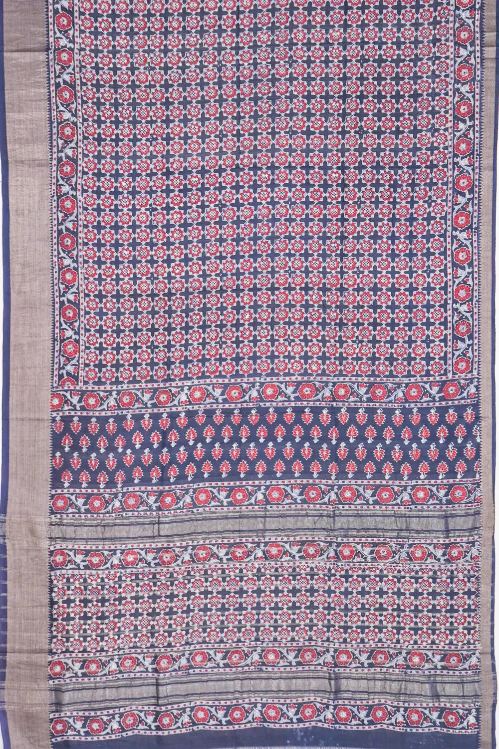 Mangalagiri Cotton Silk Floral Block Printed Navy Blue