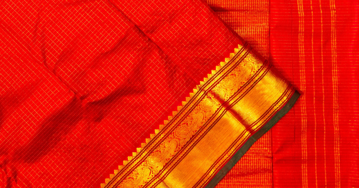 Classic Kanchipuram Silk Checks Red Saree | Kankatala