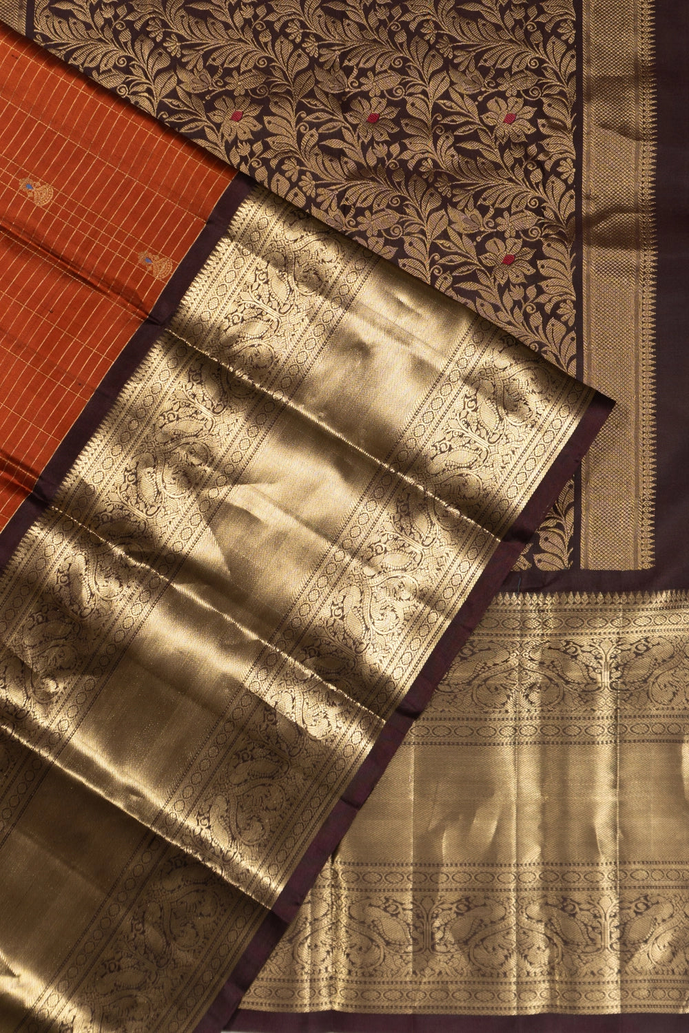 Taranga Kanchi Silk Lines And Butta Rust Orange