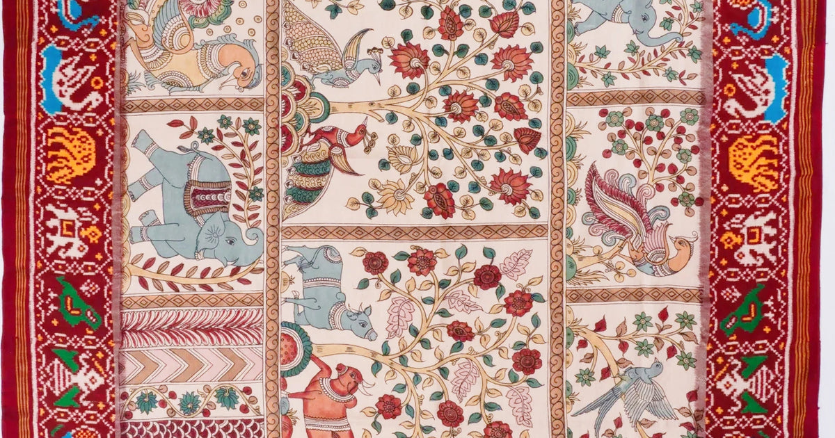 Kalamkari Hand Painted X Patan Patola Silk Double 
